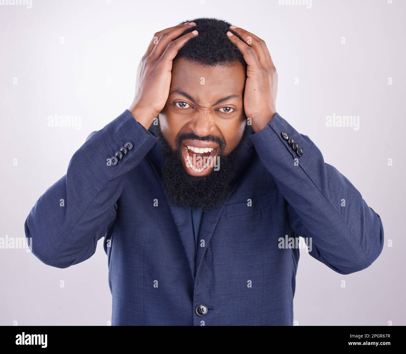 Screaming, stress and angry black man shouting feeling frustrated ...