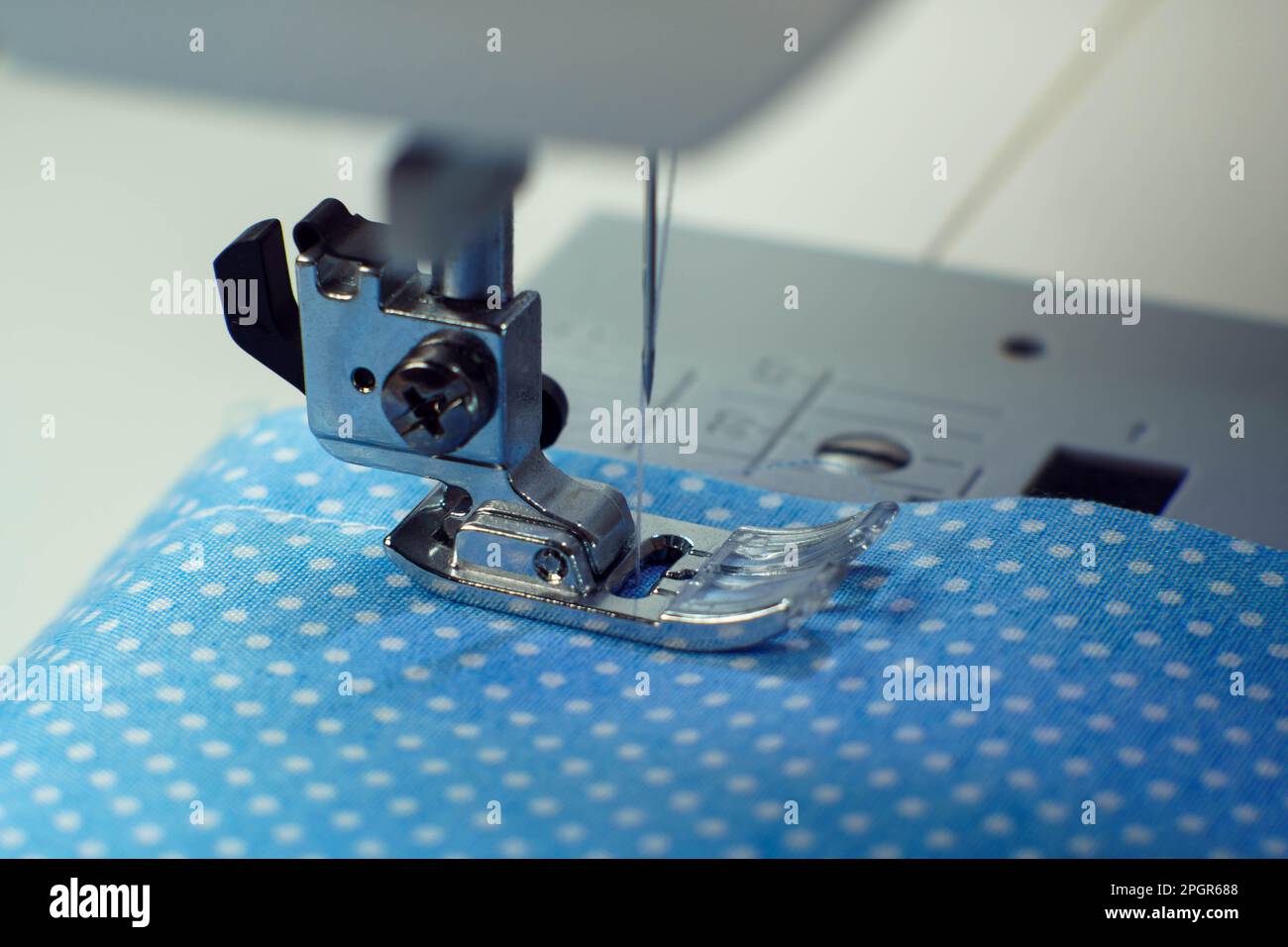 Macro shot of sewing machine steel pressure foot with needle and thread ...