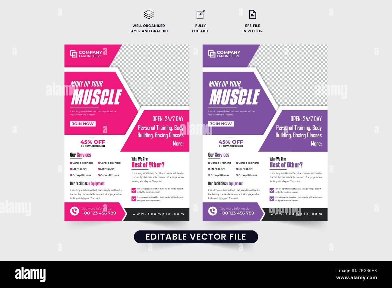 Gym business advertisement poster and flyer design with pink and purple ...