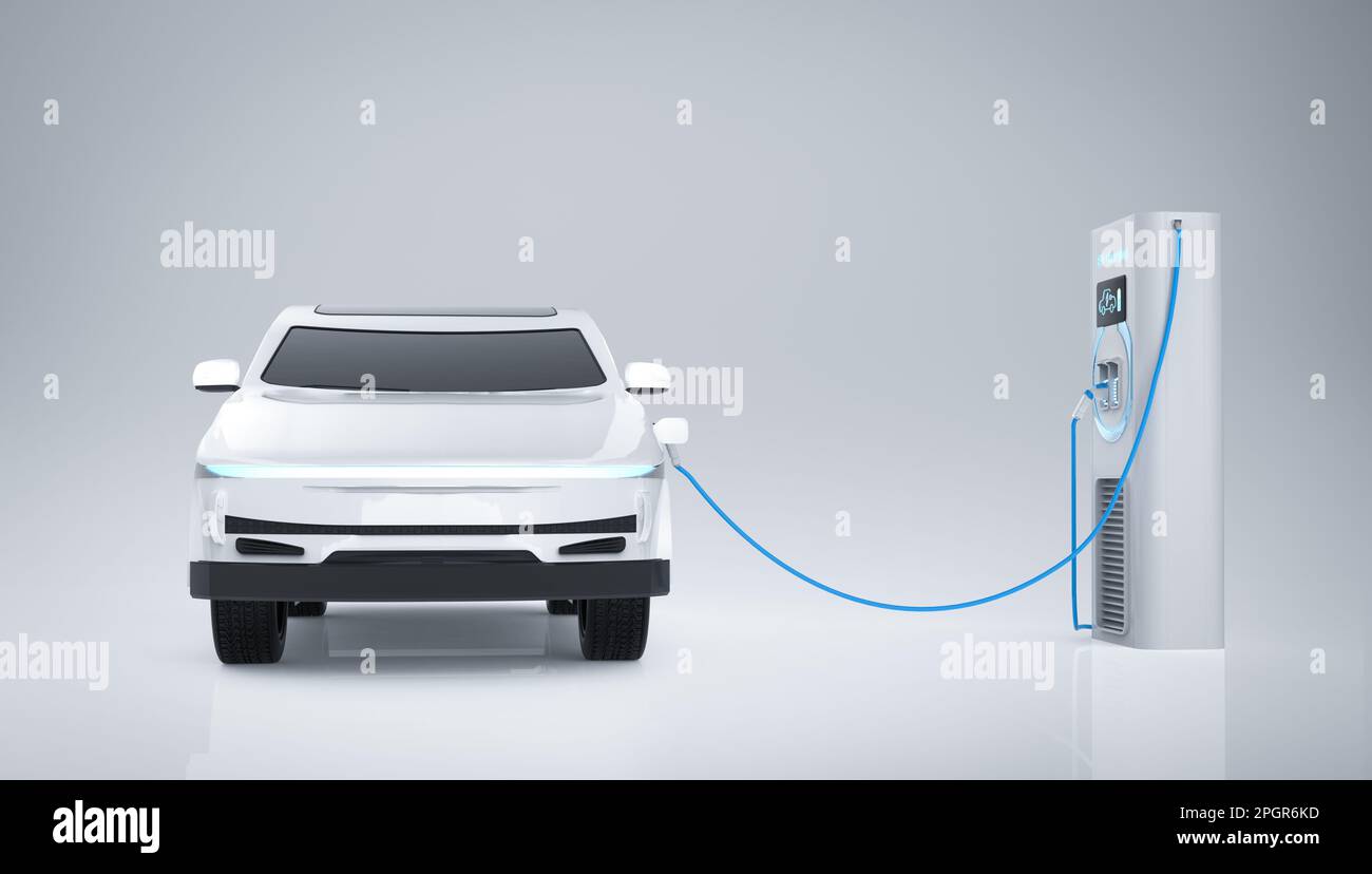 3d rendering white ev car or electric vehicle plug in with recharging ...