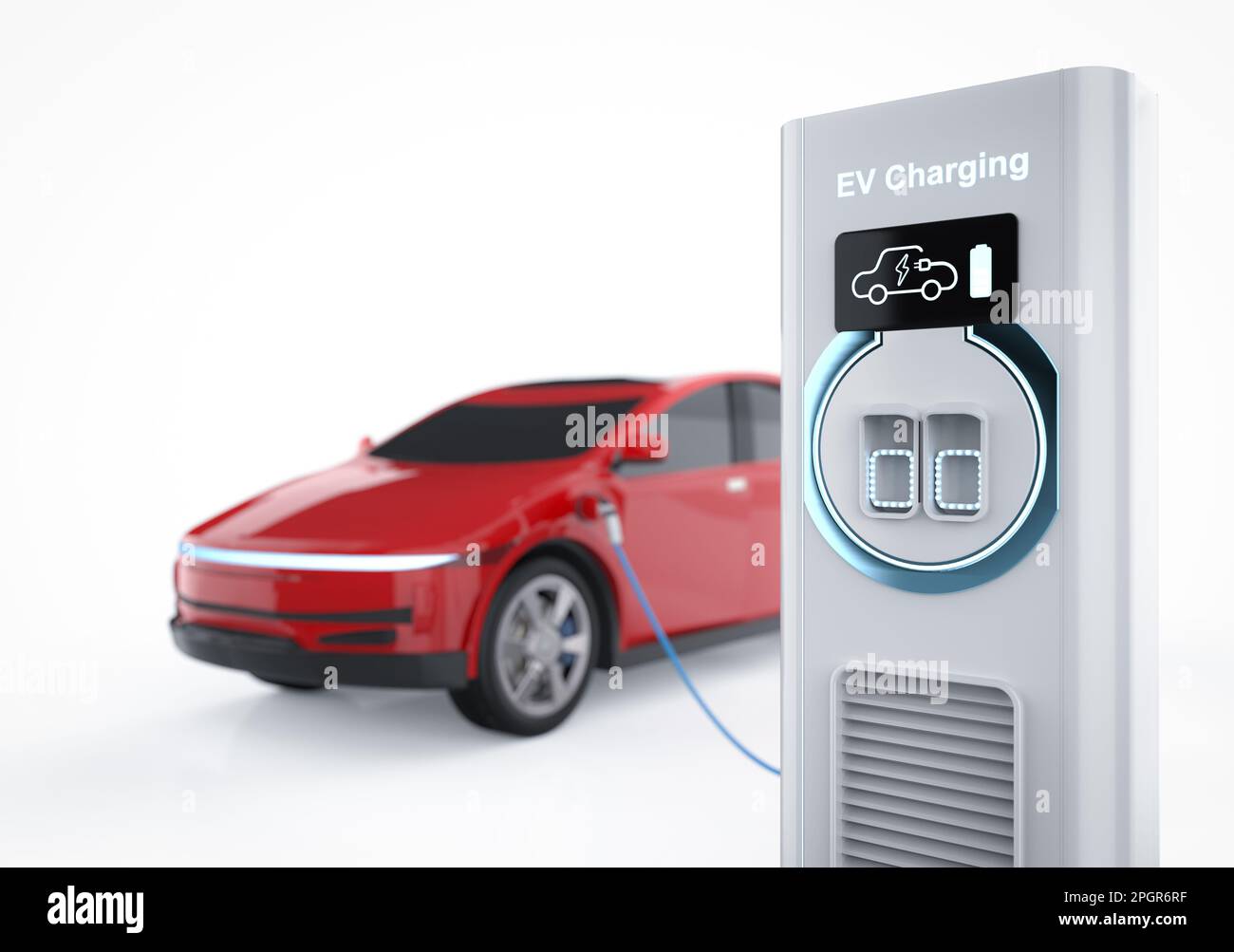 3d rendering red ev car or electric vehicle plug in with recharging ...