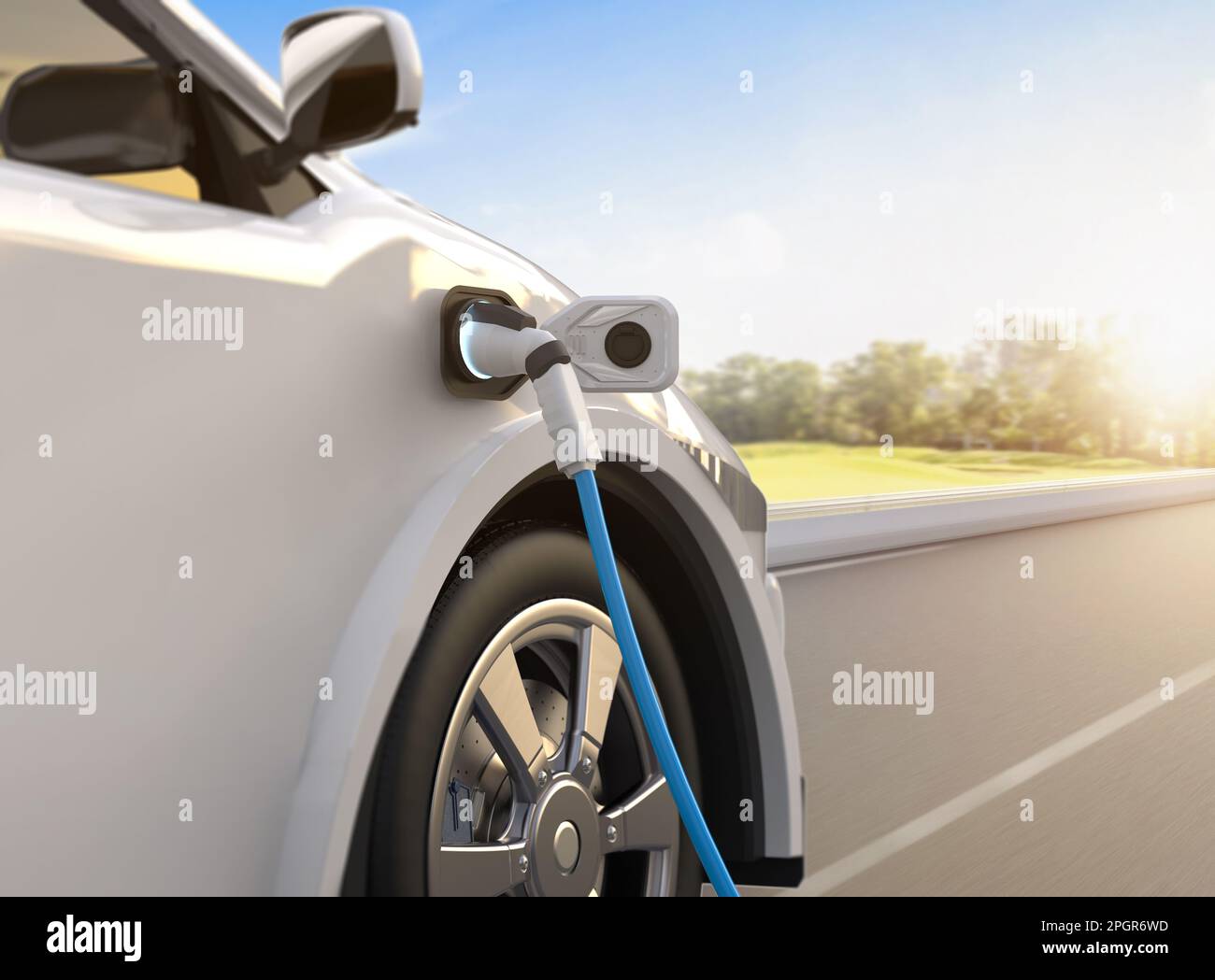 3d rendering white ev car or electric vehicle plug in with recharging ...