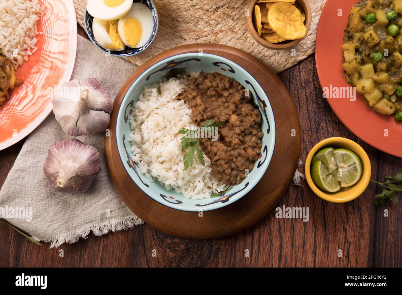 Peruvian food buffet table rice and lentils stew Stock Photo - Alamy