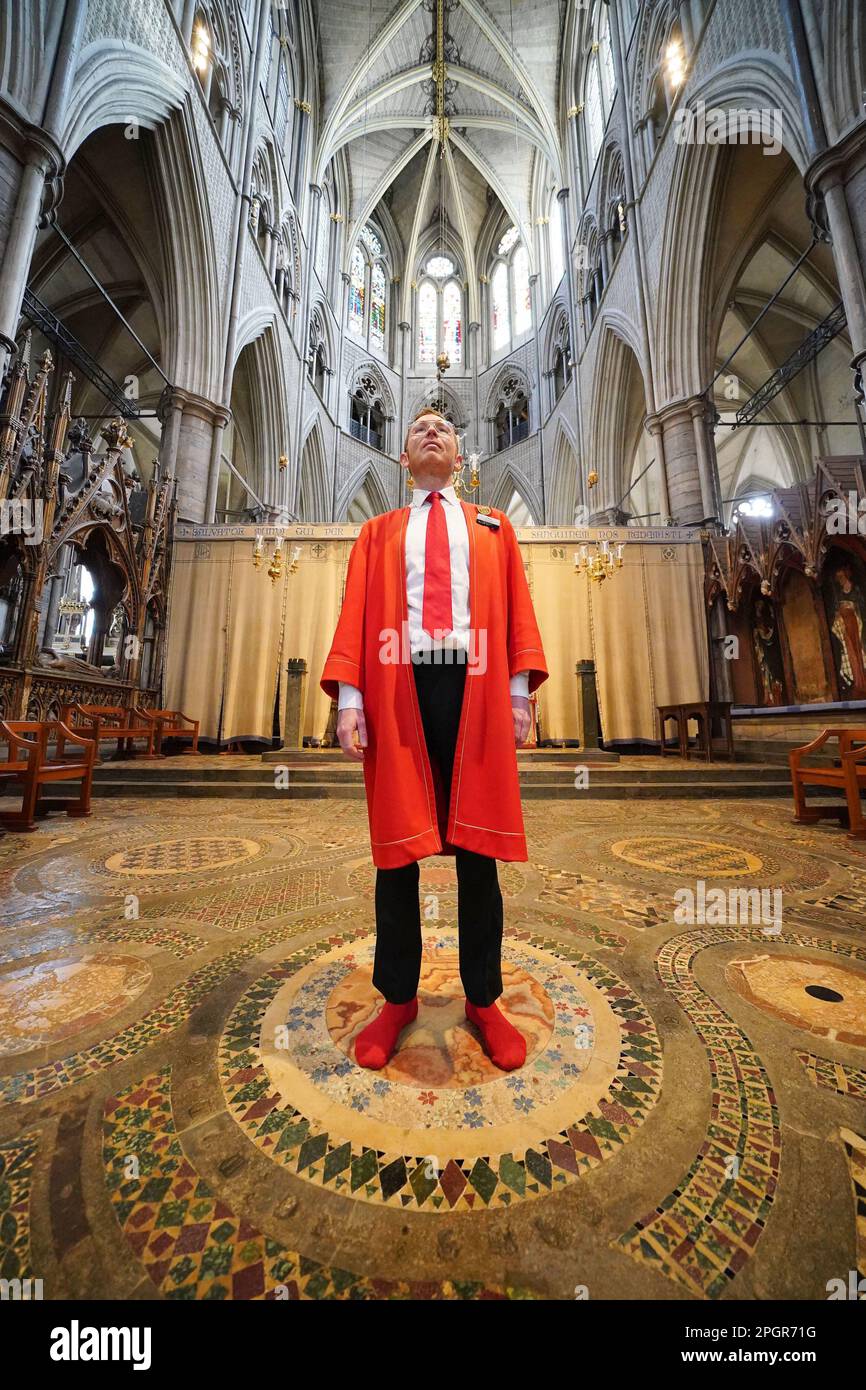 Abbey Marshal Howard Berry stands at the centre of the Cosmati pavement ...