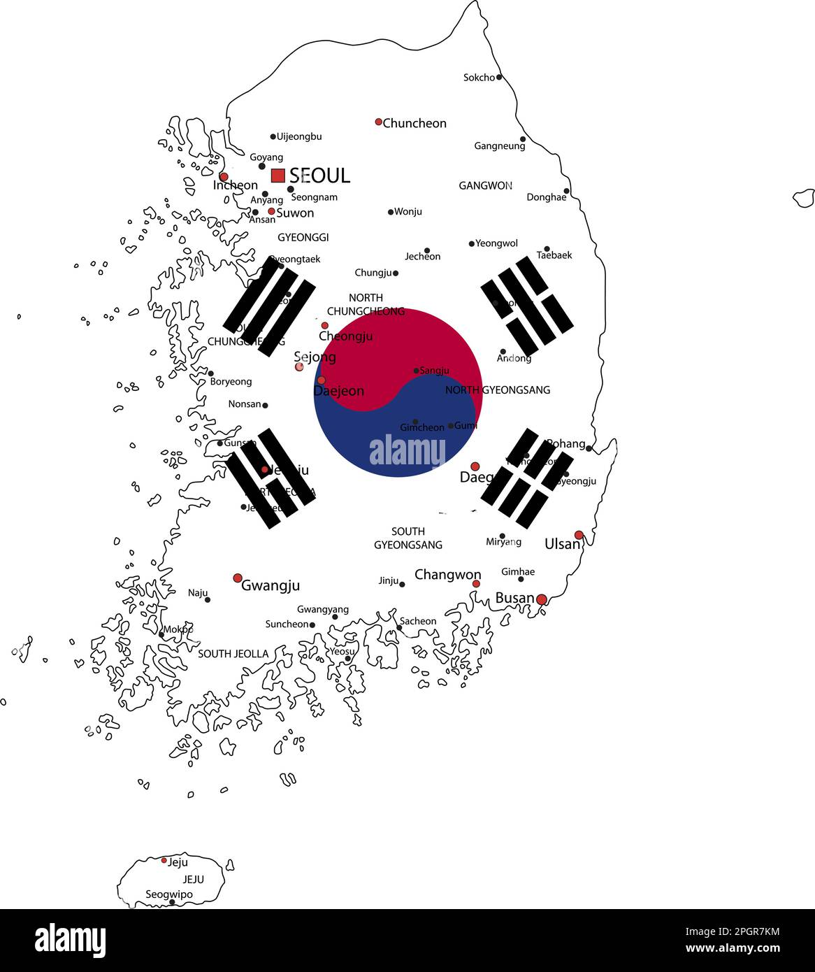South Korea highly detailed political map with national flag isolated ...