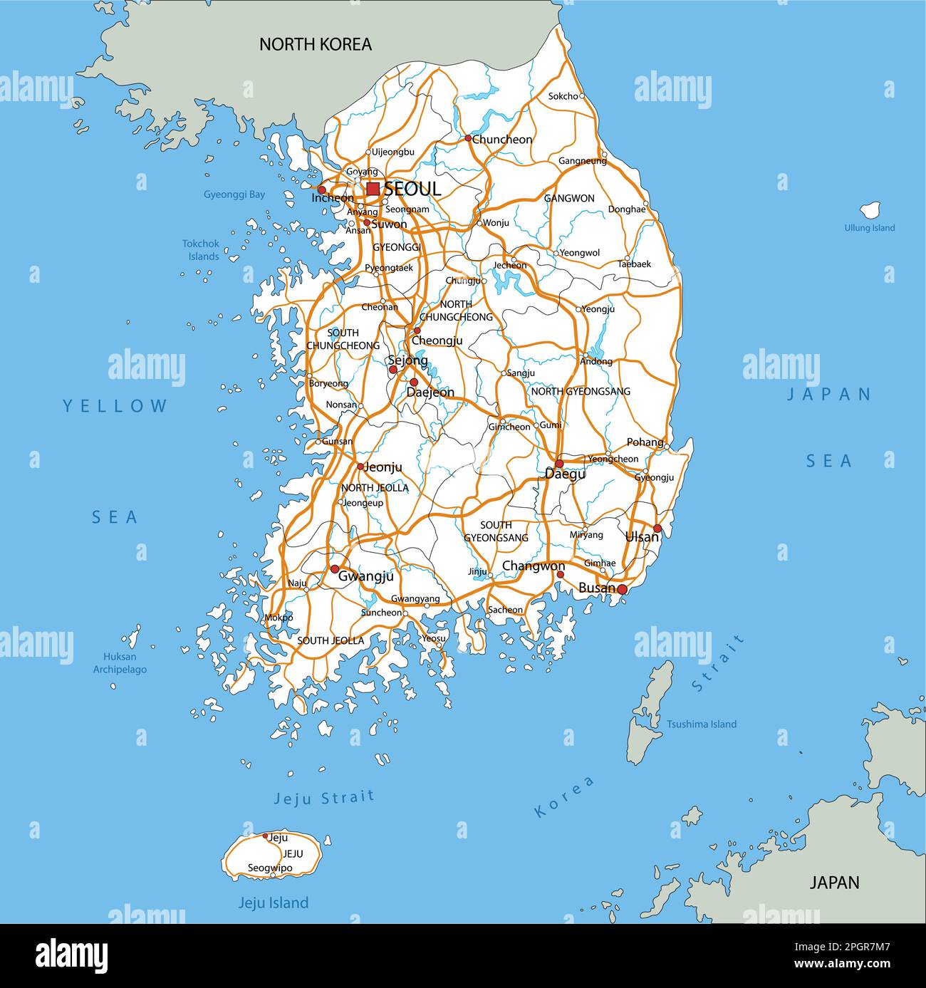 High detailed South Korea road map with labeling Stock Vector Image ...