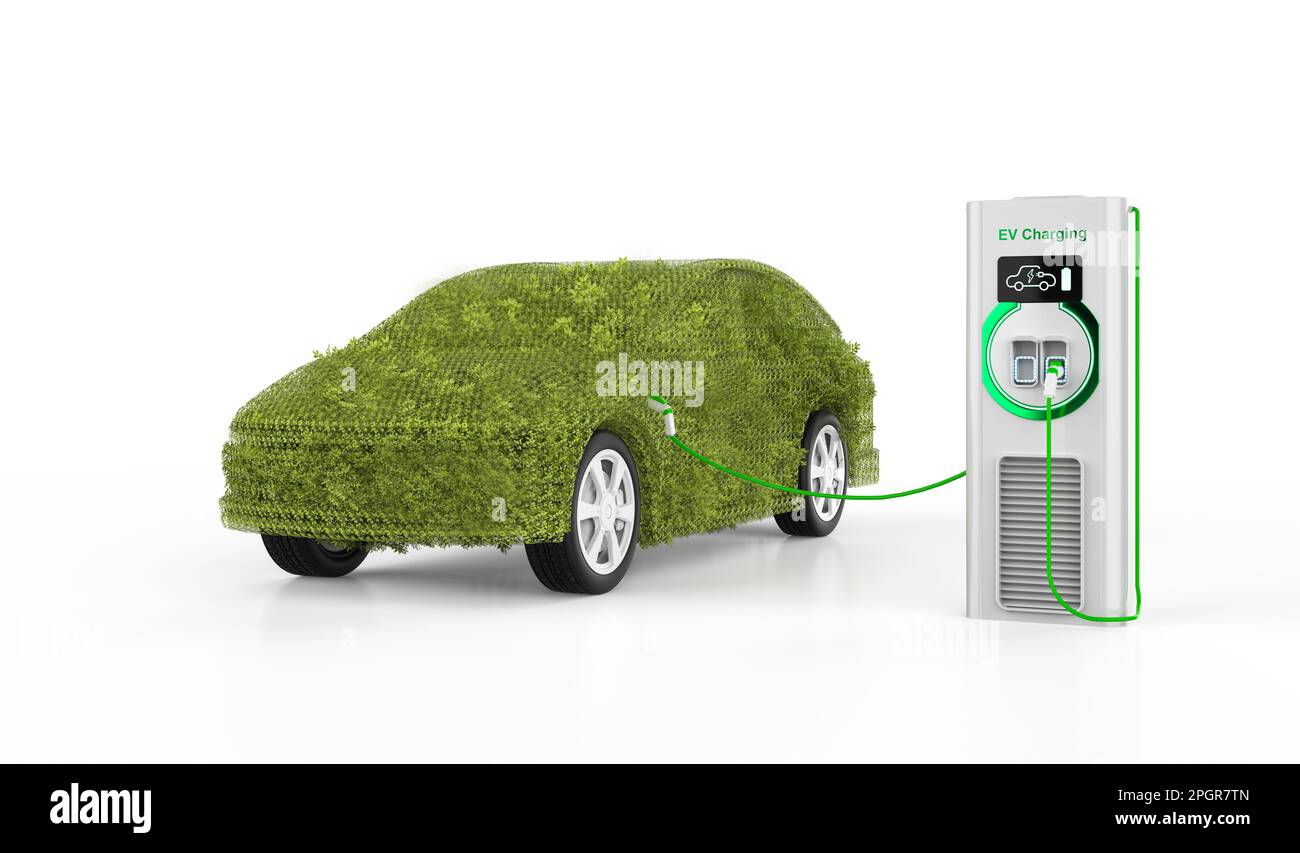 3d rendering green ev car or leafy grass electric vehicle recharging at ...