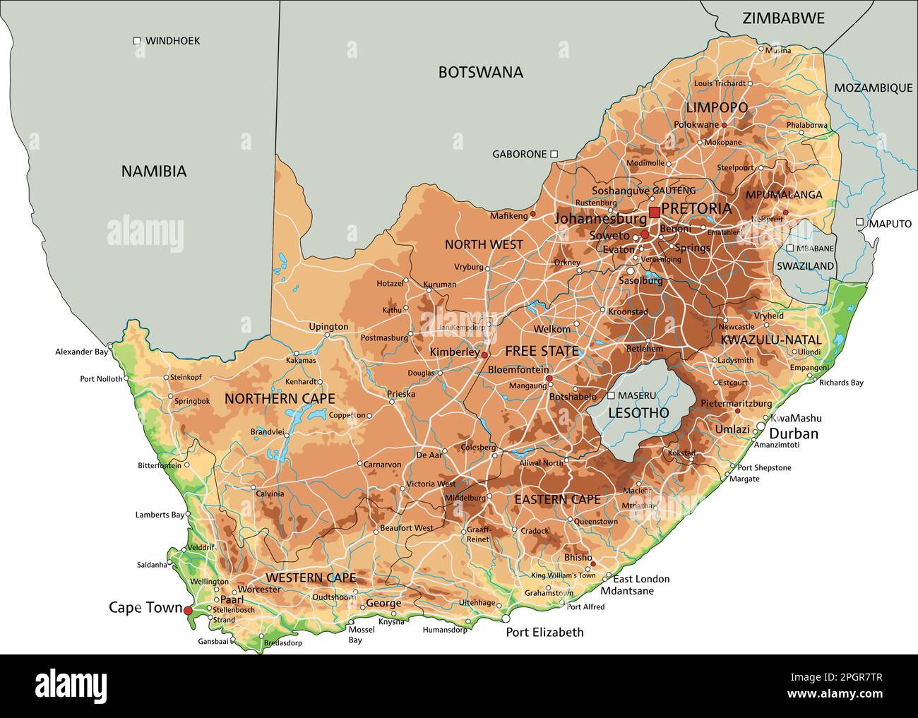 High detailed South Africa physical map with labeling Stock Vector ...