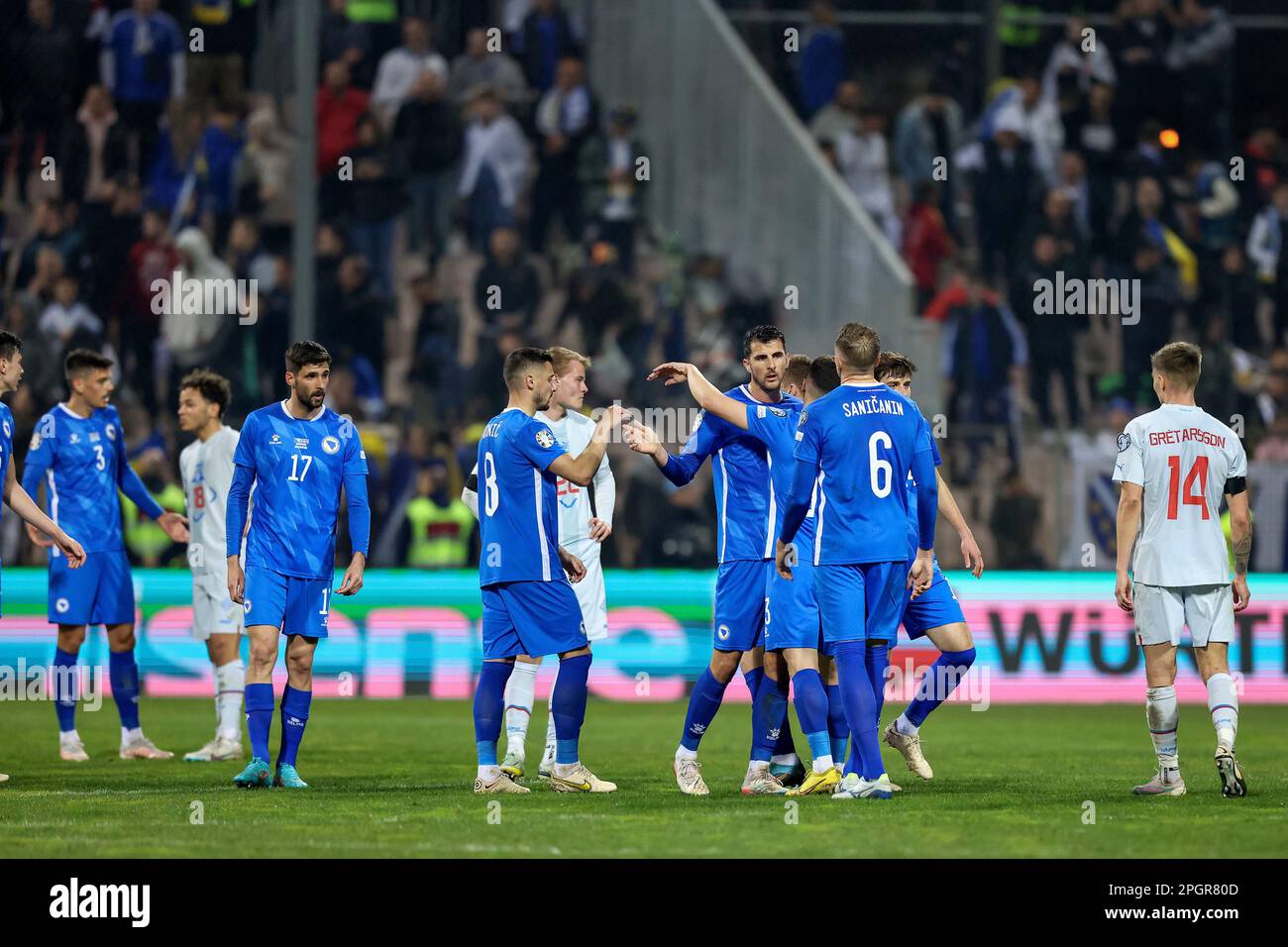 ZENICA, BOSNIA AND HERZEGOVINA - MARCH 23: Players of Bosnia and Herzegovina celebrate after the ...