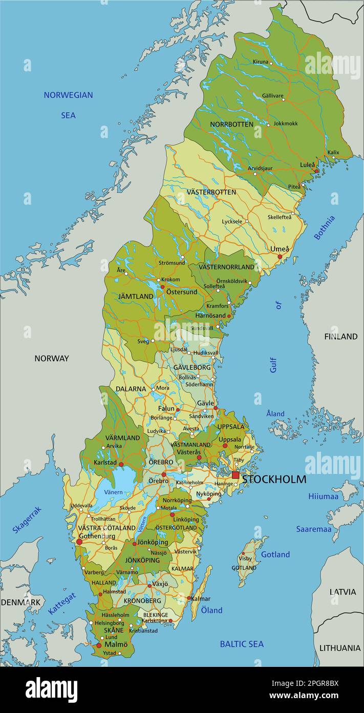Highly detailed editable political map with separated layers. Sweden ...