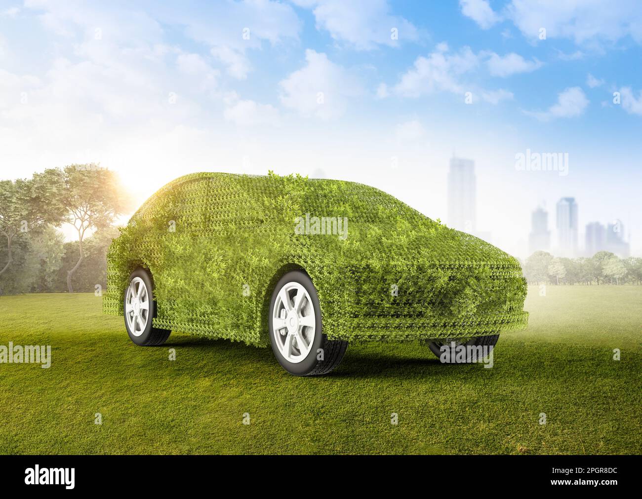 3d rendering green ev car or leafy grass electric vehicle on white ...