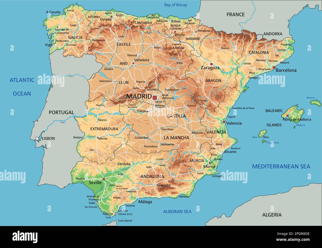 High detailed Spain physical map with labeling Stock Vector Image & Art ...
