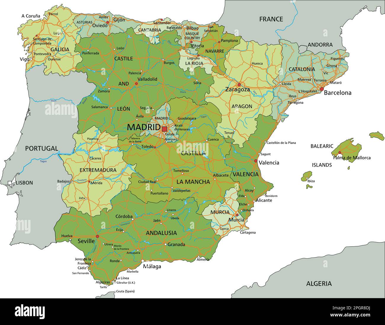 Spain - Highly detailed editable political map with separated layers ...