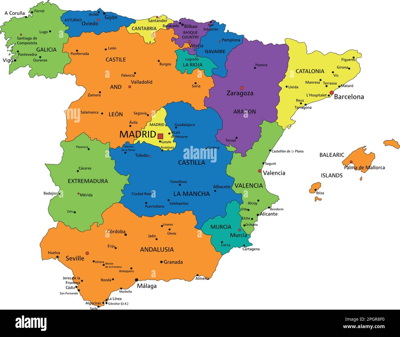 Colorful Spain political map with clearly labeled, separated layers ...
