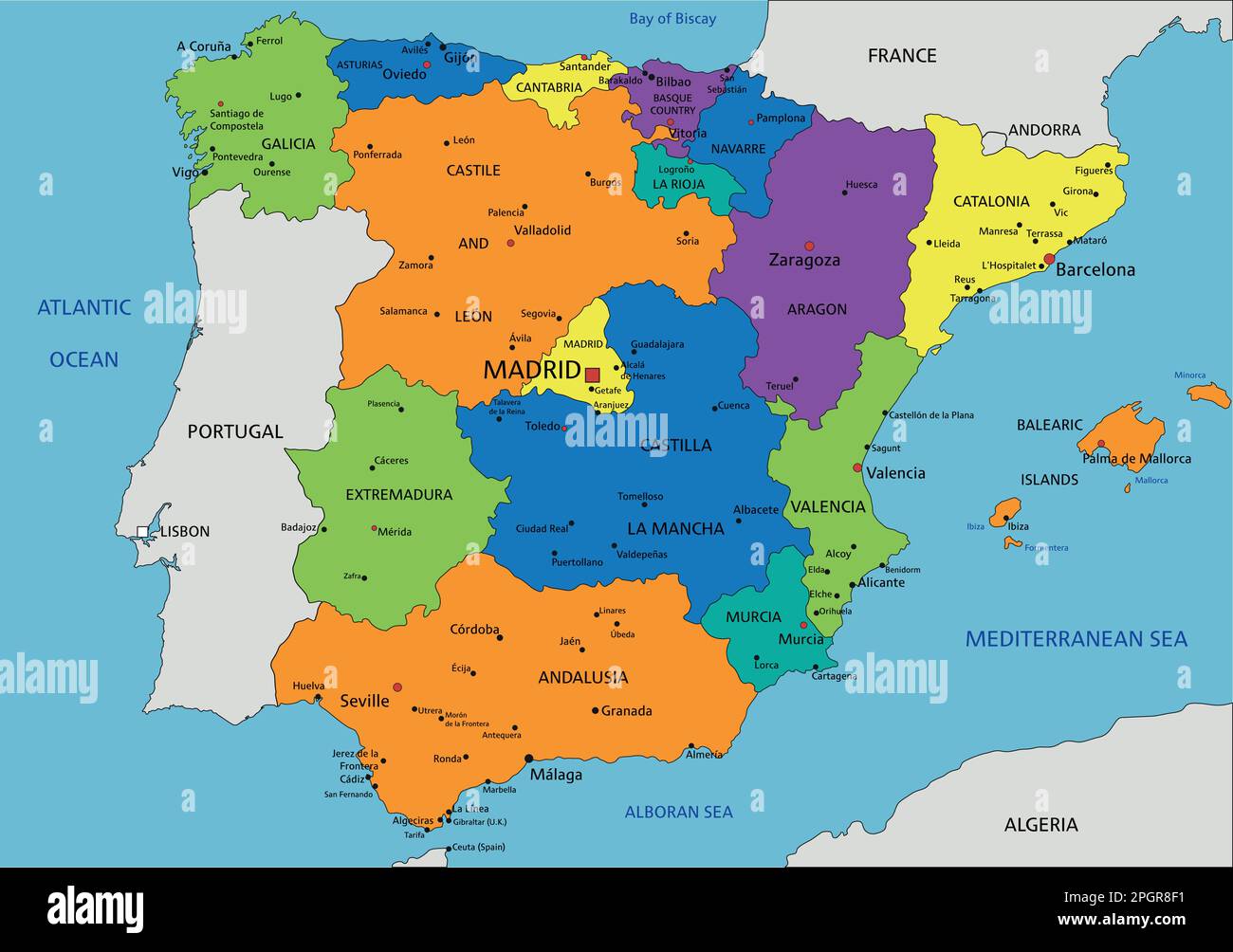 Colorful Spain political map with clearly labeled, separated layers ...