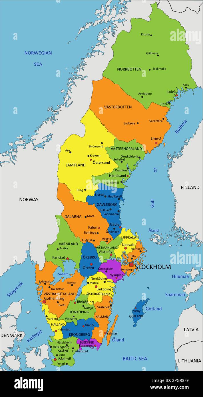 Colorful Sweden political map with clearly labeled, separated layers ...
