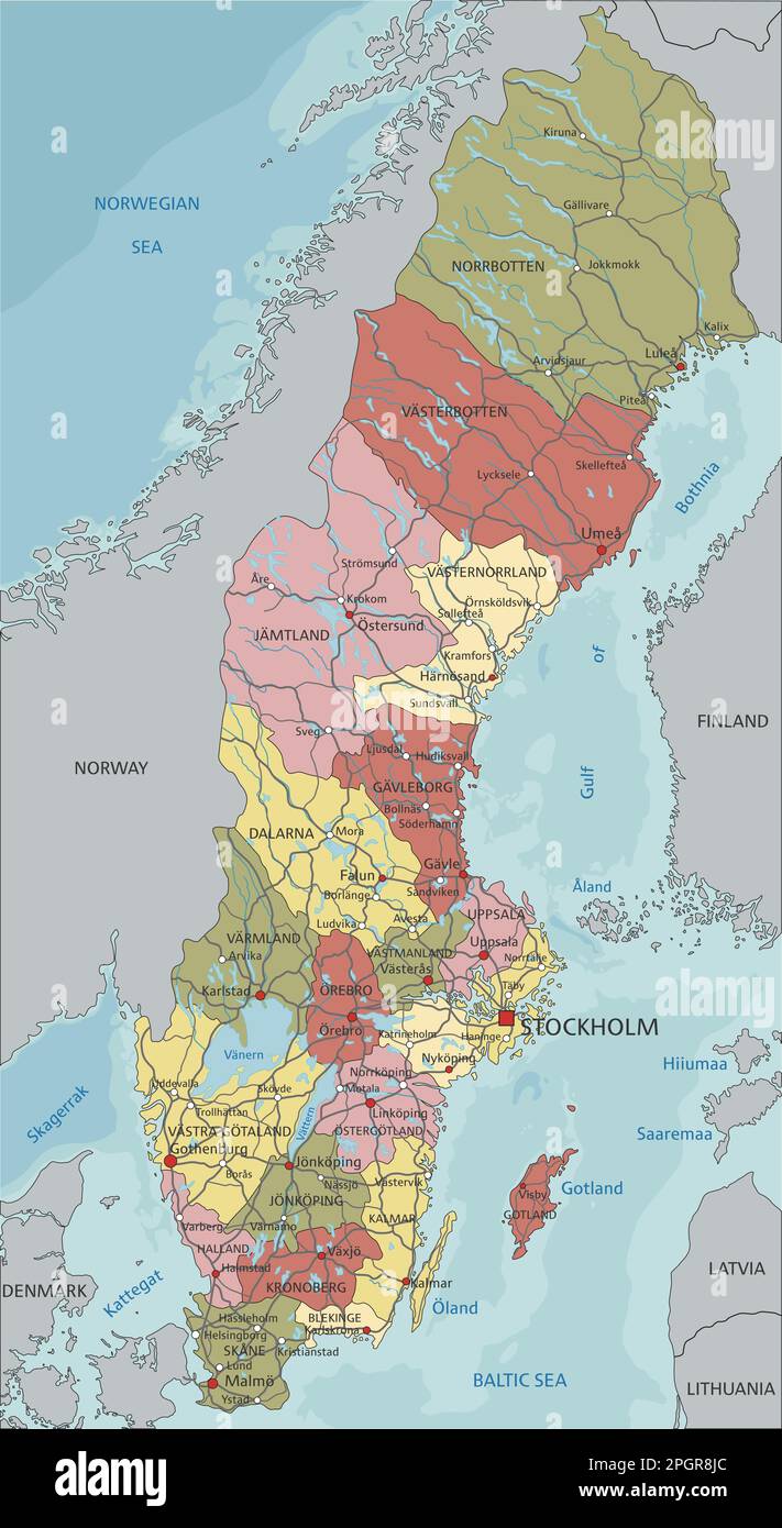 Sweden - Highly detailed editable political map with labeling Stock ...