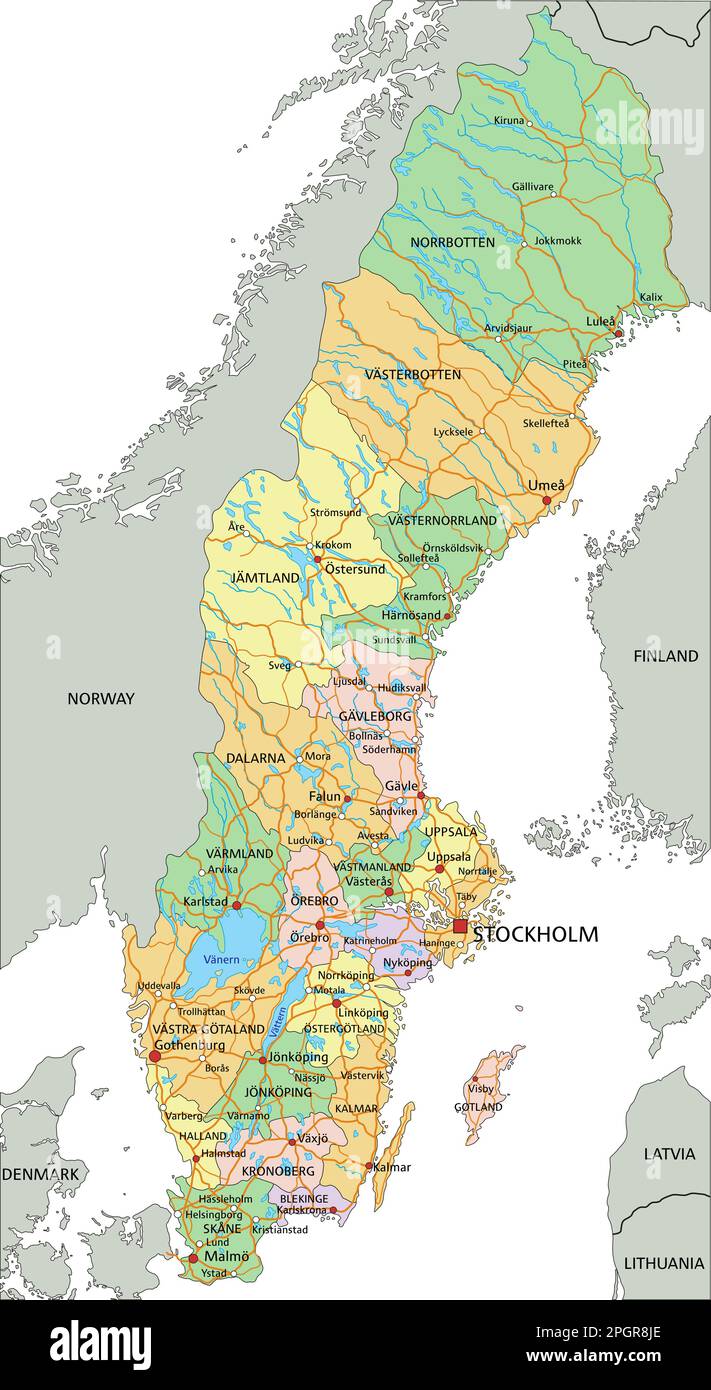 Sweden - Highly detailed editable political map with labeling Stock ...