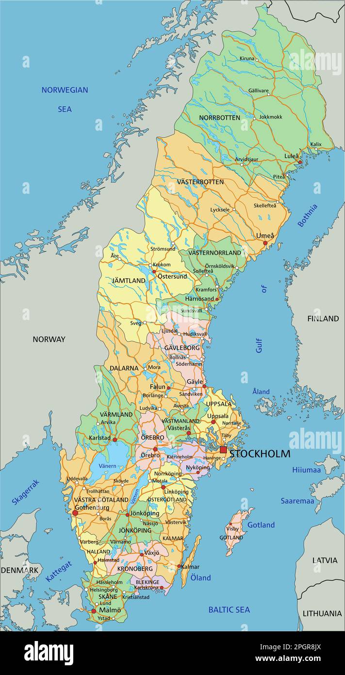 Sweden - Highly detailed editable political map with labeling Stock ...