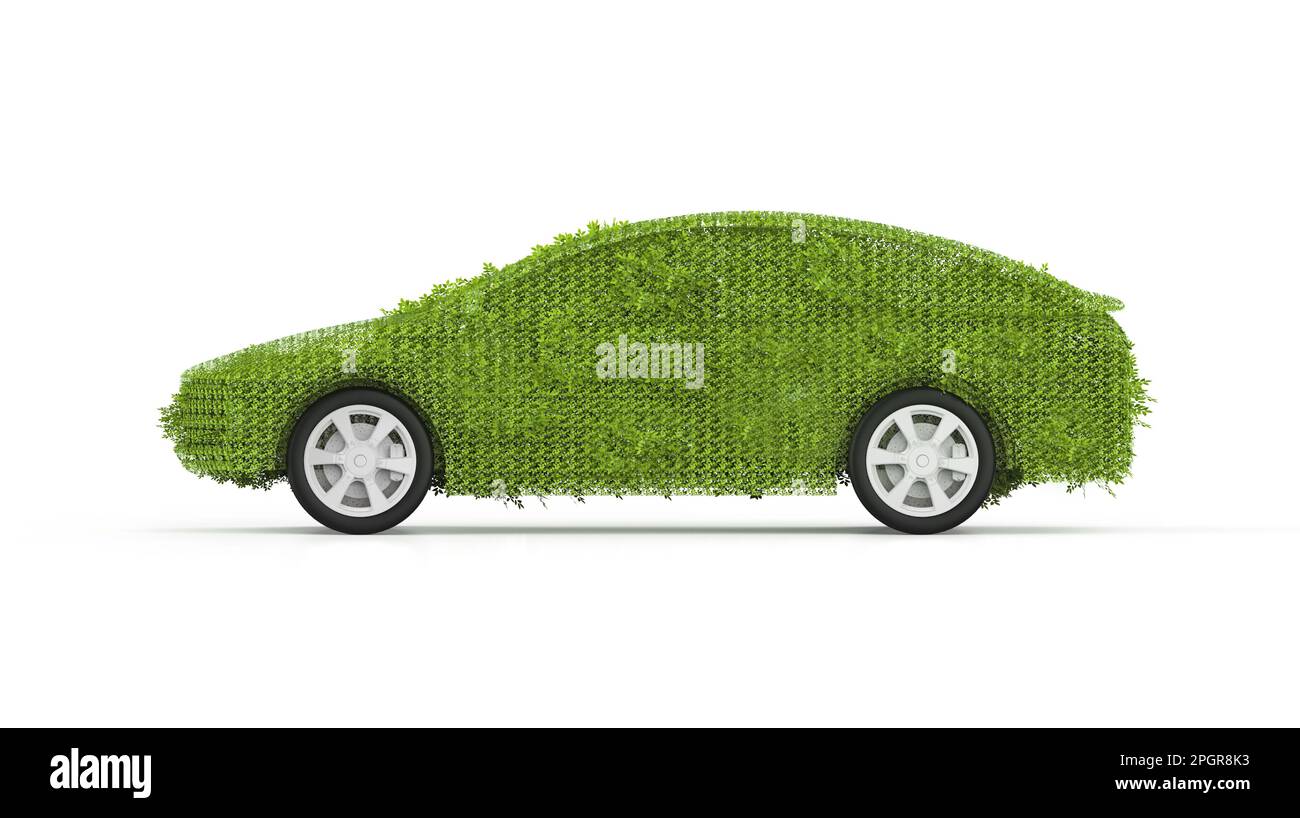 3d rendering green ev car or leafy grass electric vehicle on white ...