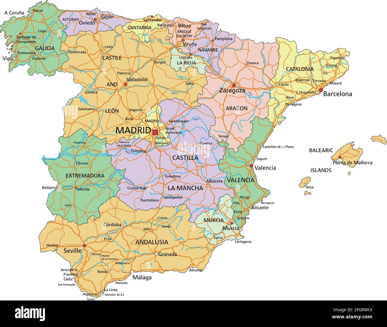 Spain - Highly detailed editable political map with labeling Stock ...