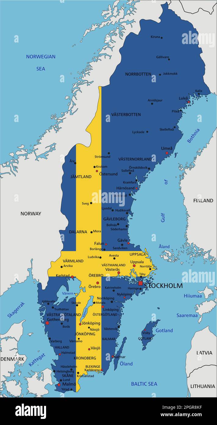 Sweden highly detailed political map with national flag isolated on ...