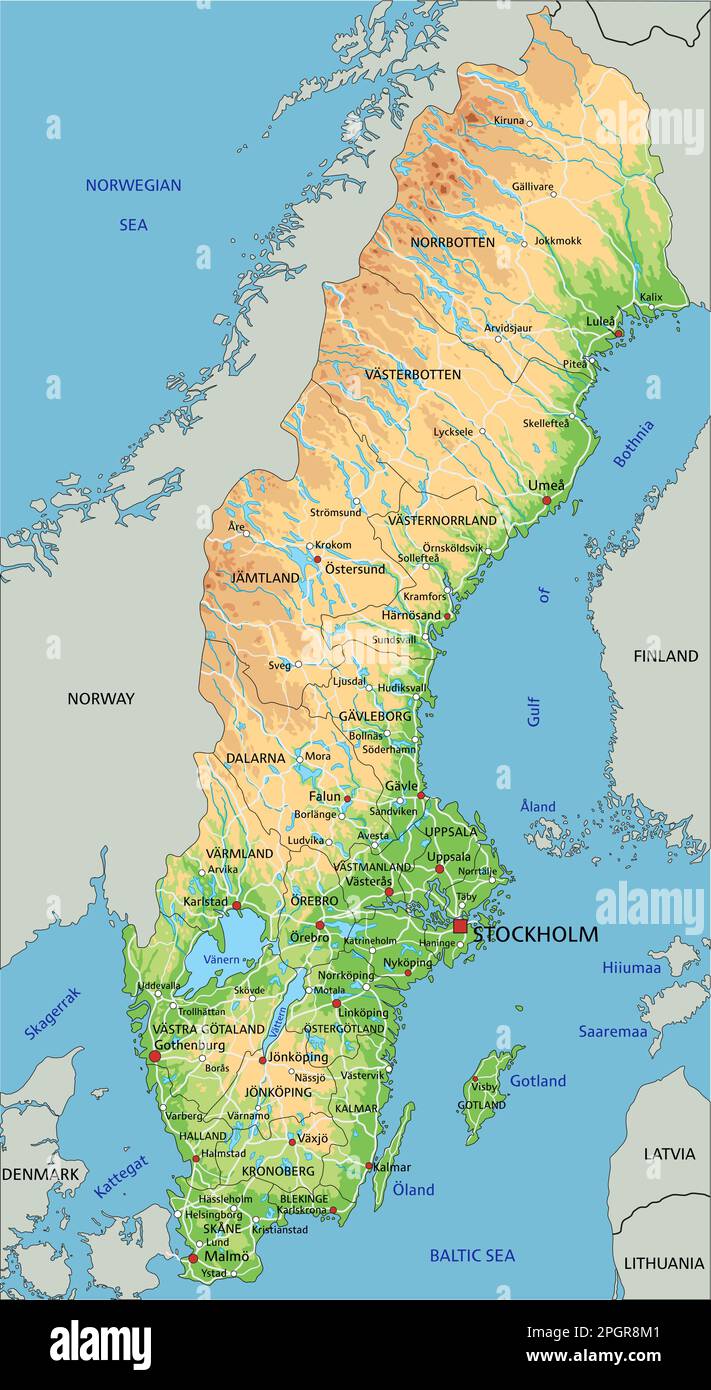 High detailed Sweden physical map with labeling Stock Vector Image ...