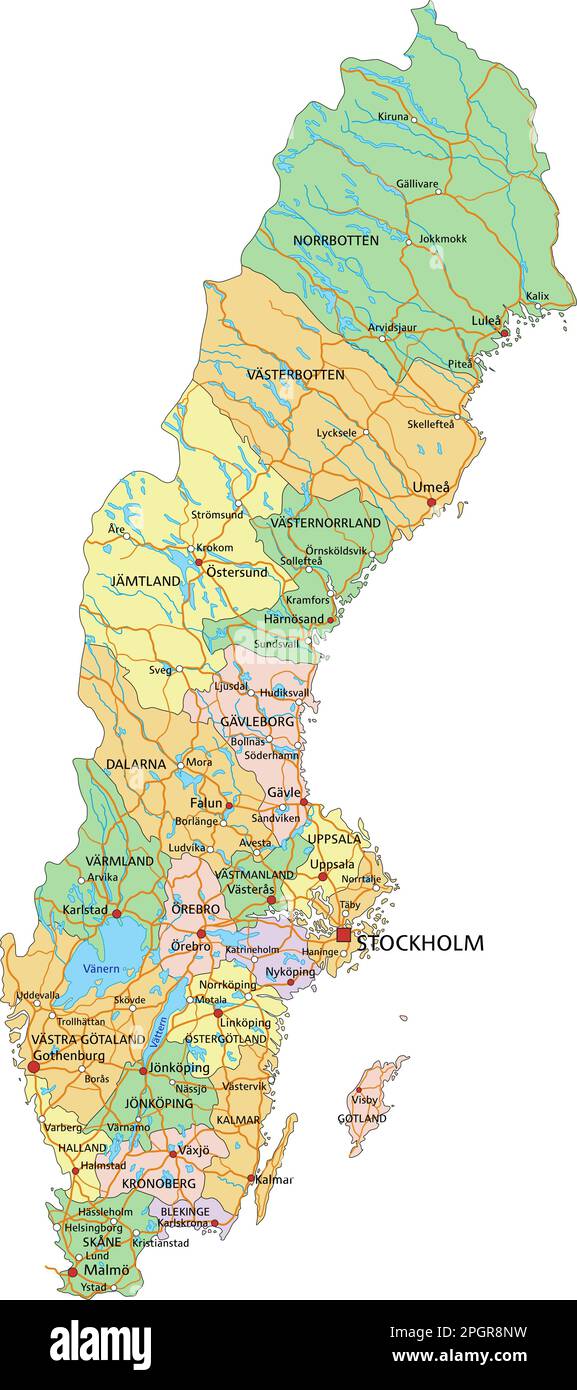 Sweden - Highly detailed editable political map with labeling Stock ...