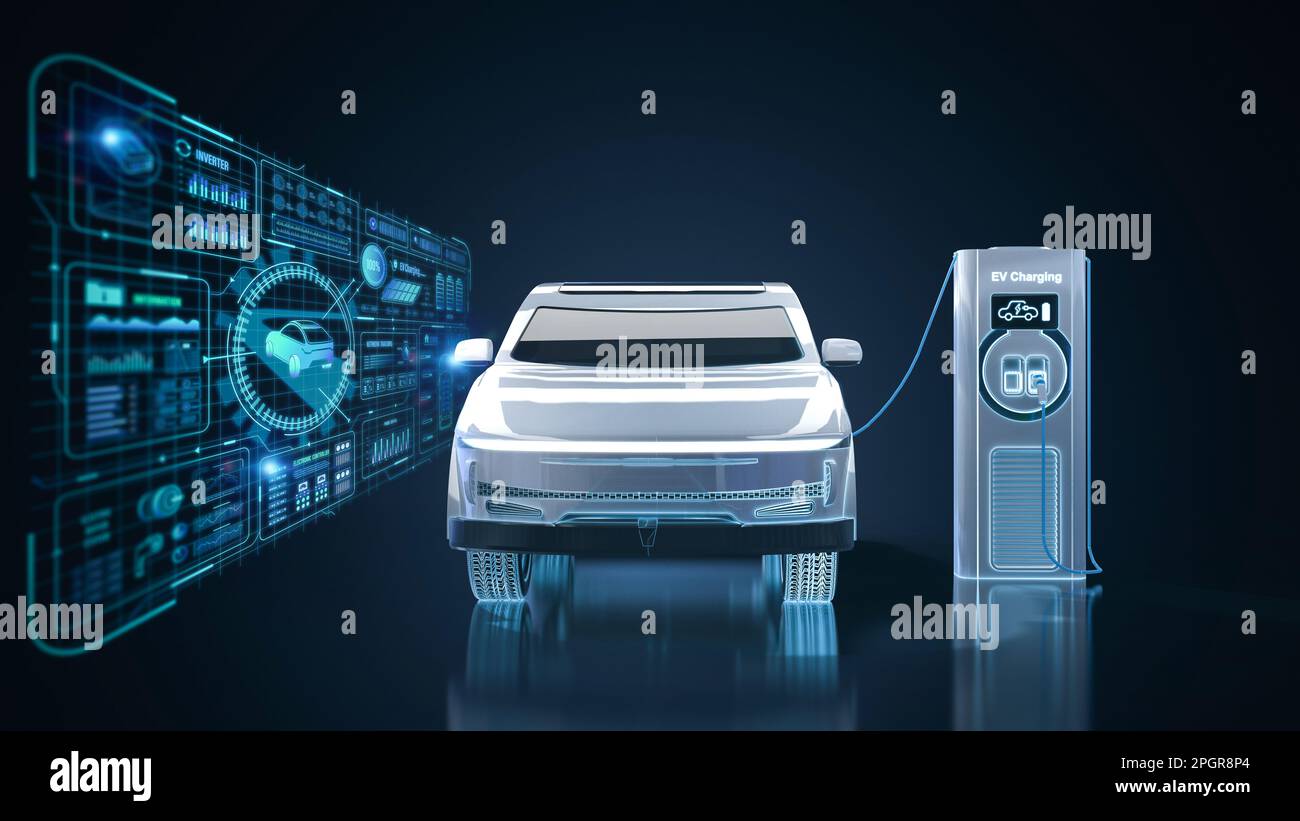 3d rendering ev car or electric vehicle plug in with recharging station ...