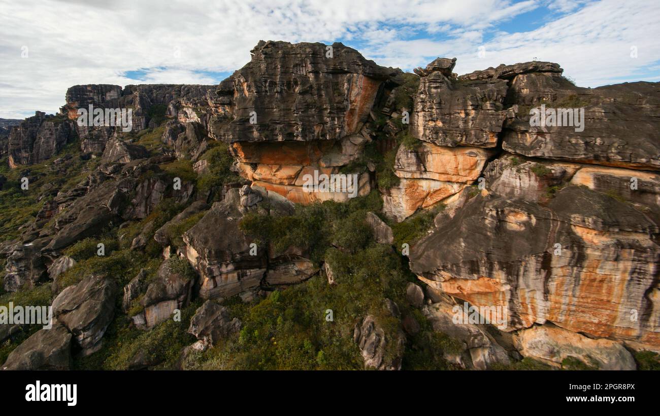 Steep sandstone cliffs on the plateau of Auyan tepui, a famous table ...