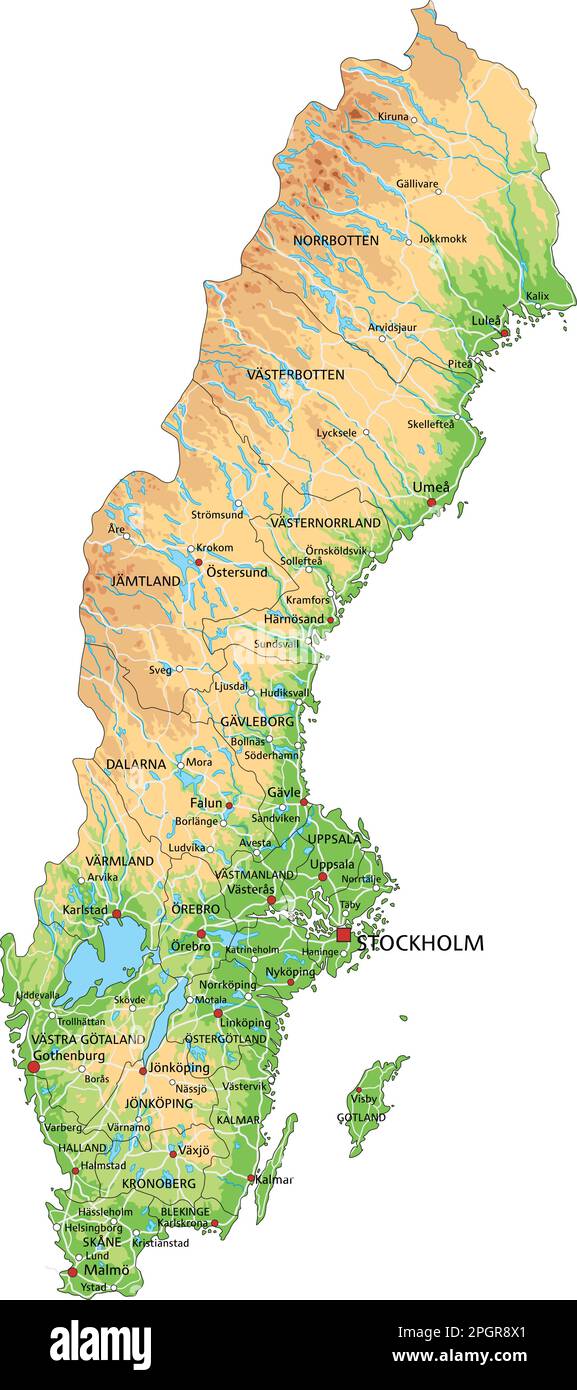 High detailed Sweden physical map with labeling Stock Vector Image ...