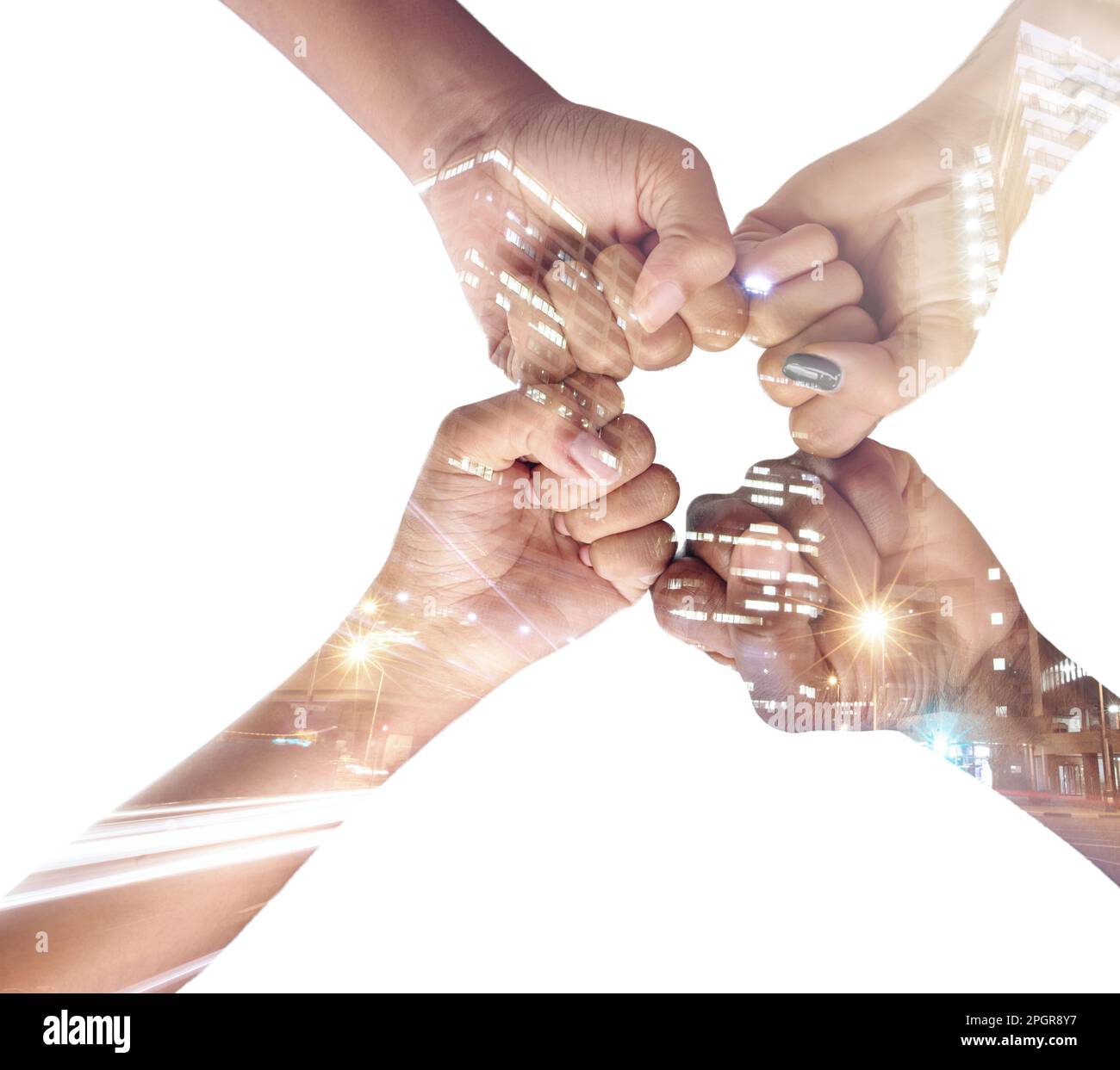 Hands, fist bump and team, together and support with city overlay and ...