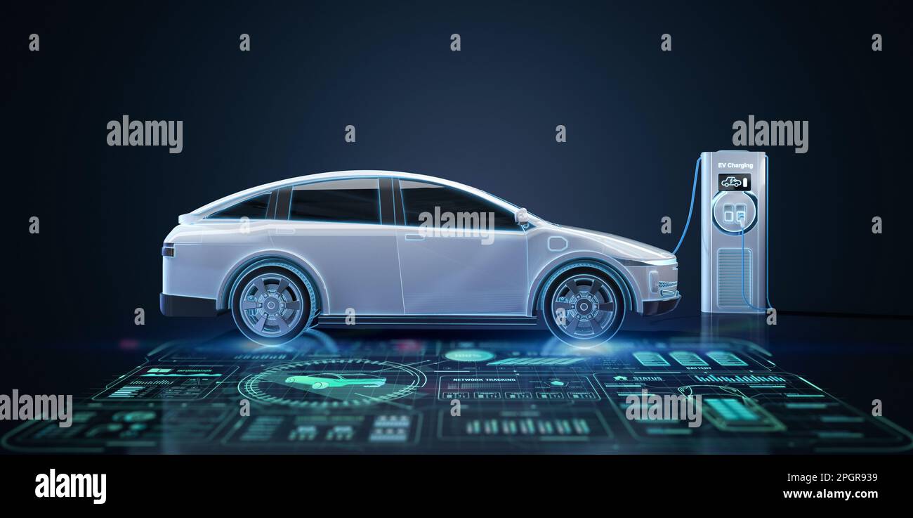 3d rendering ev car or electric vehicle plug in with recharging station ...
