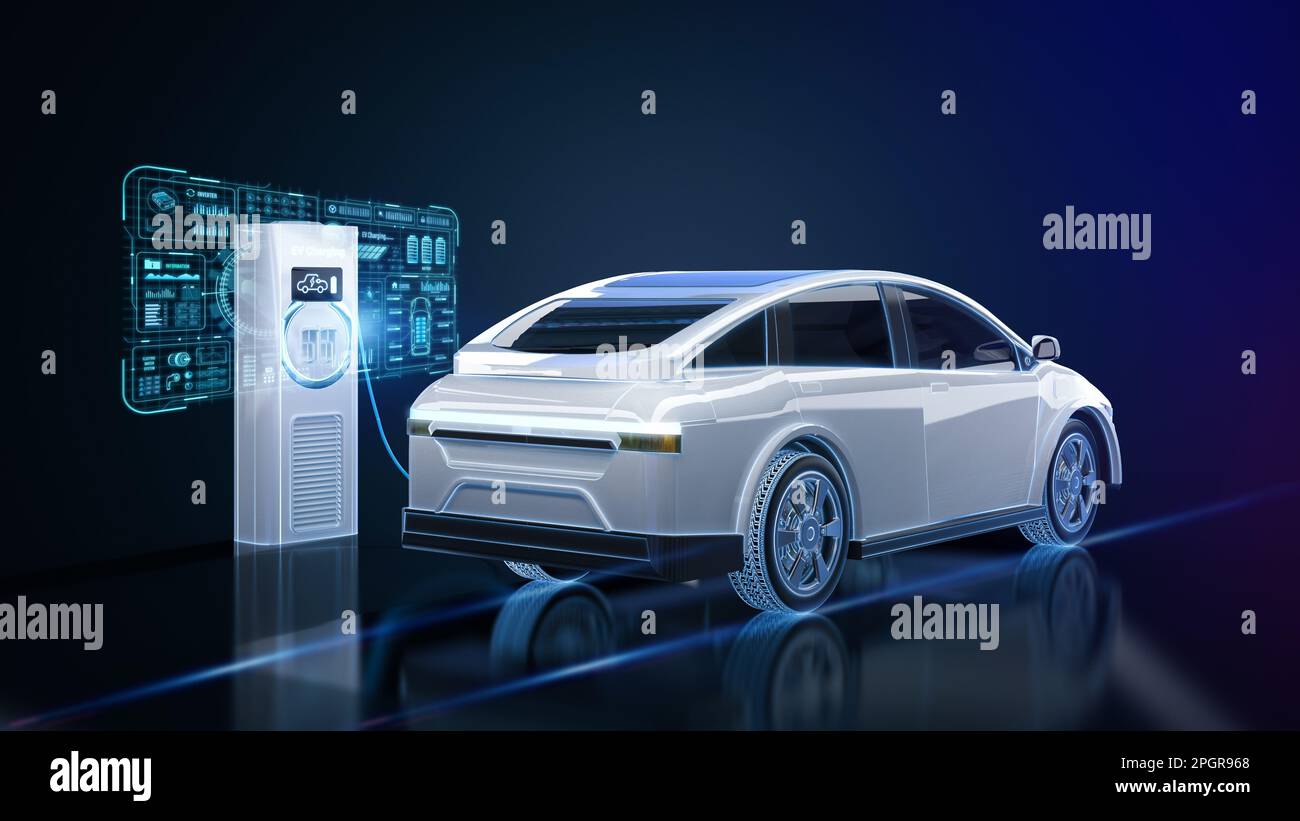 3d rendering ev car or electric vehicle plug in with recharging station ...