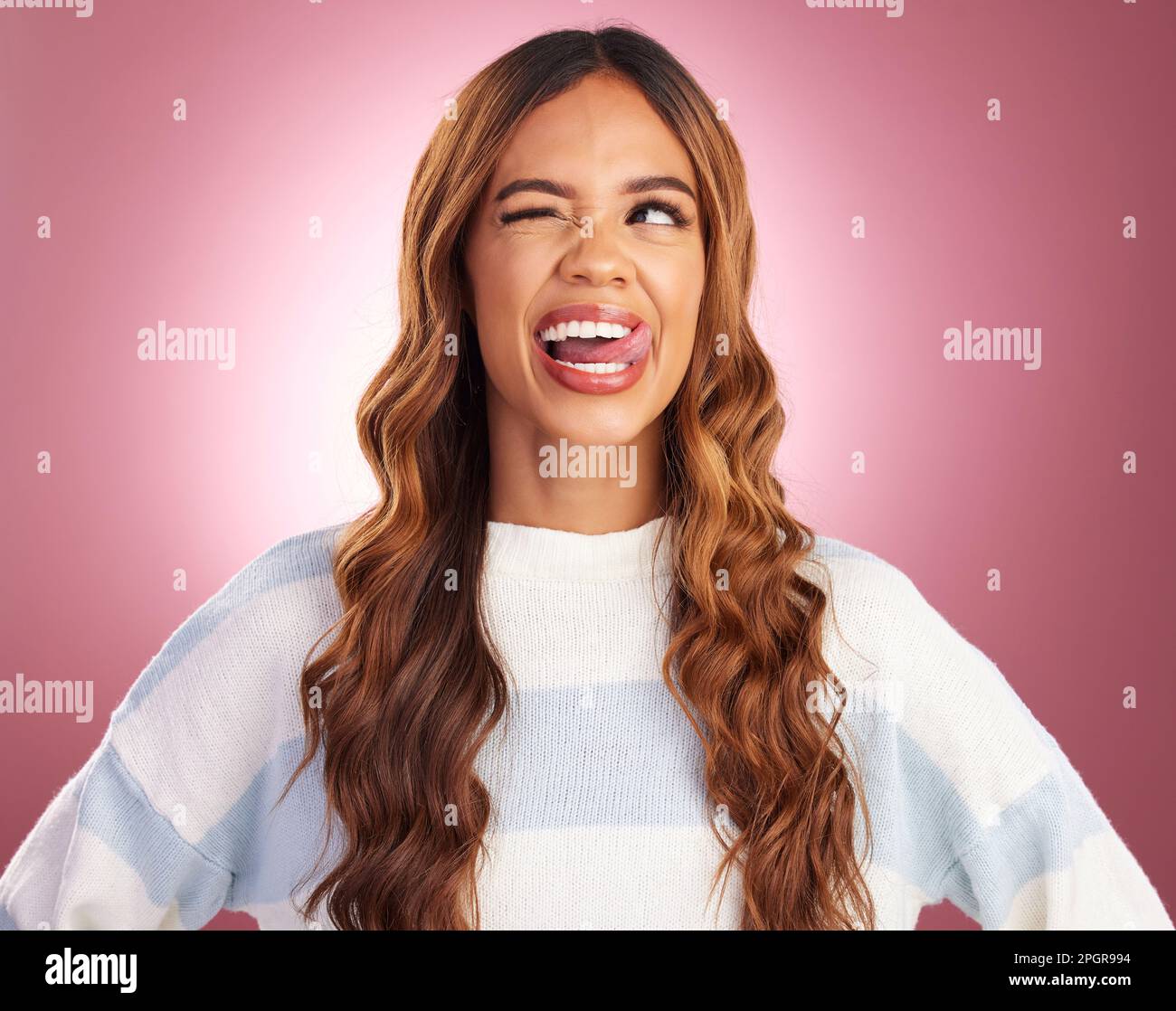 Funny, face and goofy woman tongue out feeling happy, playful and ...