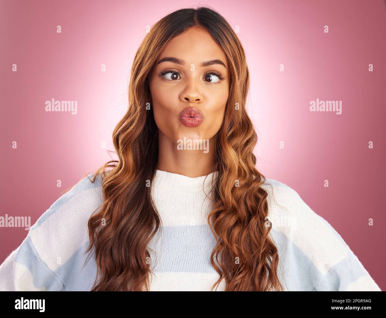 Joke, comic and funny face of woman with a pout feeling happy, playful ...
