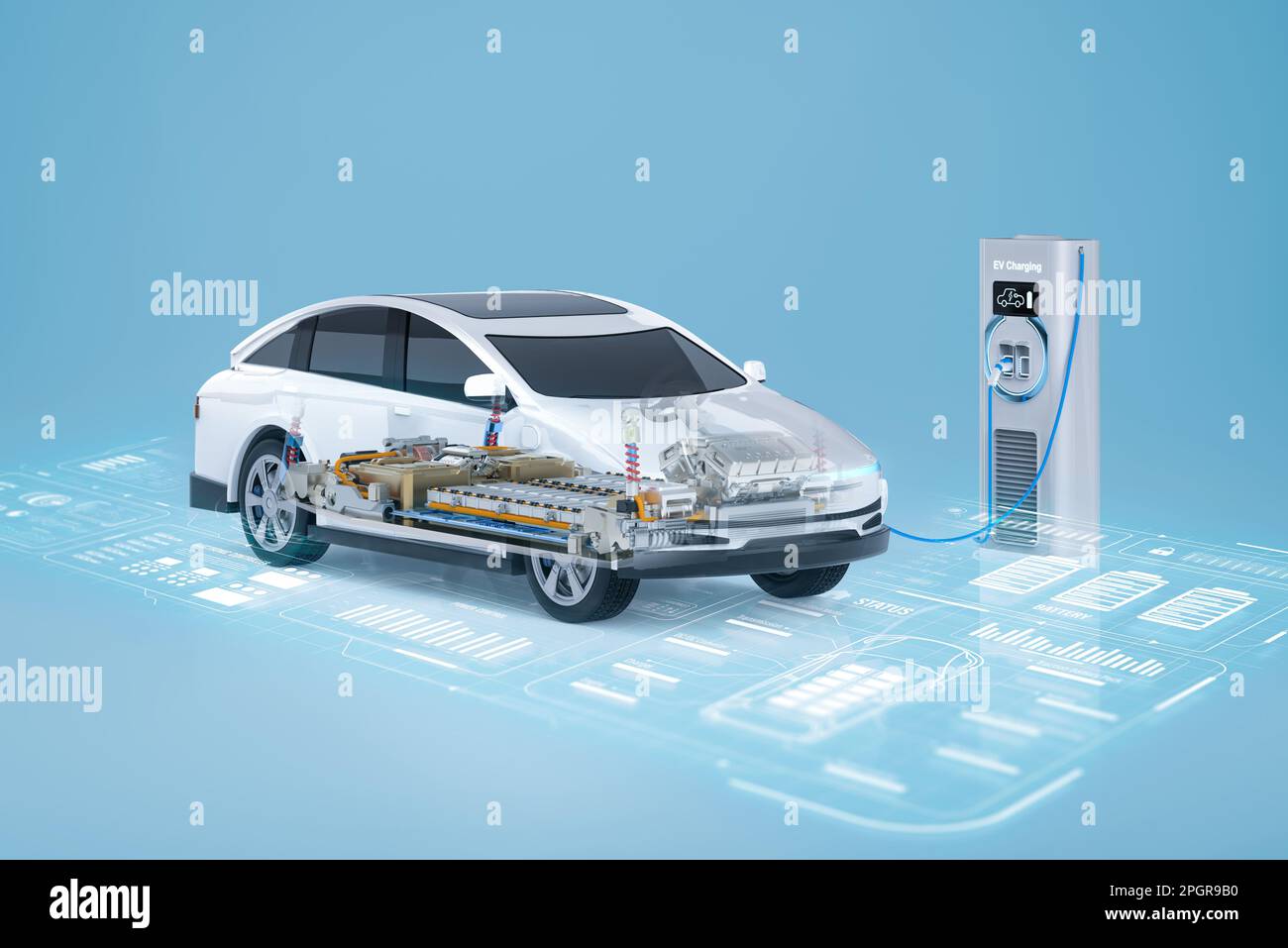 3d rendering ev car or electric vehicle plug in with recharging station ...