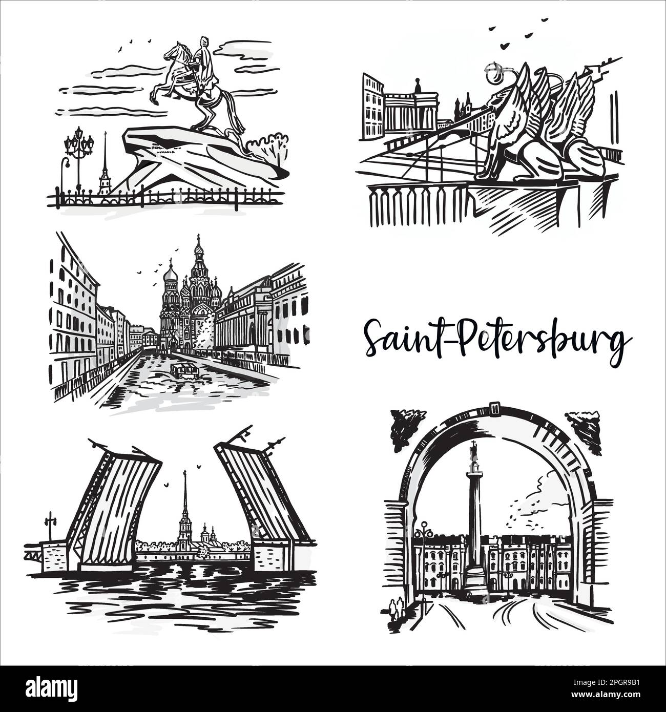 A set of views of St. Petersburg Russia. Graphic sketches. Black and ...