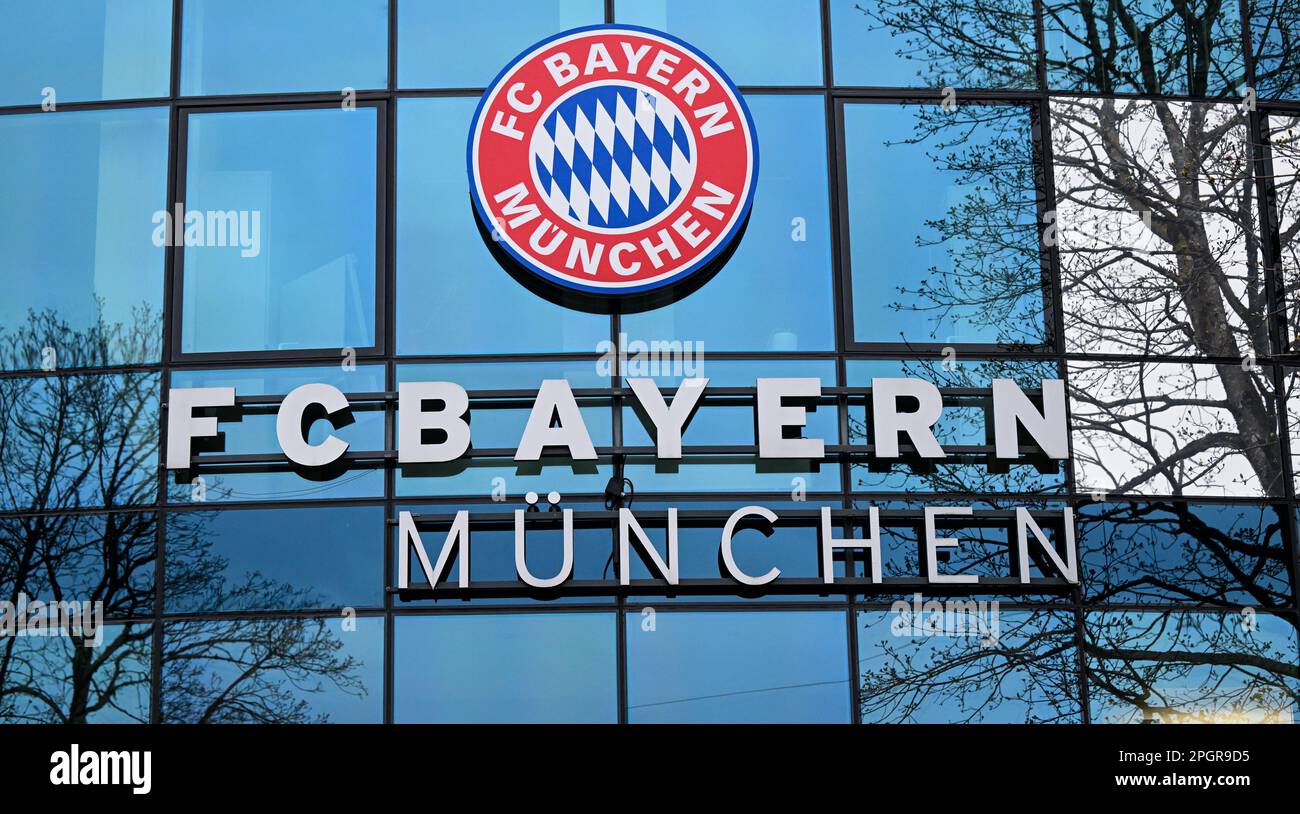 Munich, Germany. 24th Mar, 2023. The Bayern Munich logo can be seen at ...