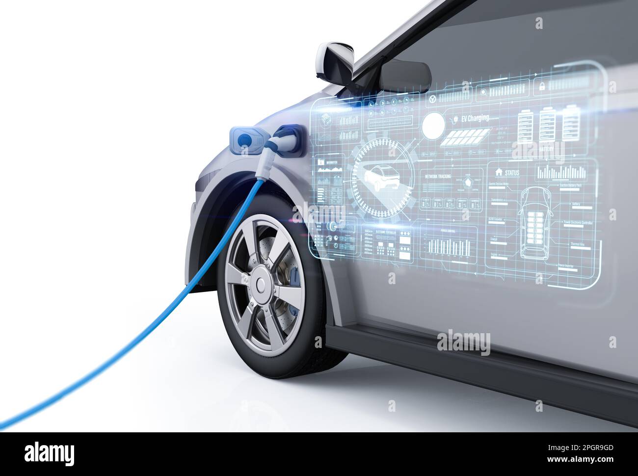 3d rendering ev car or electric vehicle plug in with recharging station ...