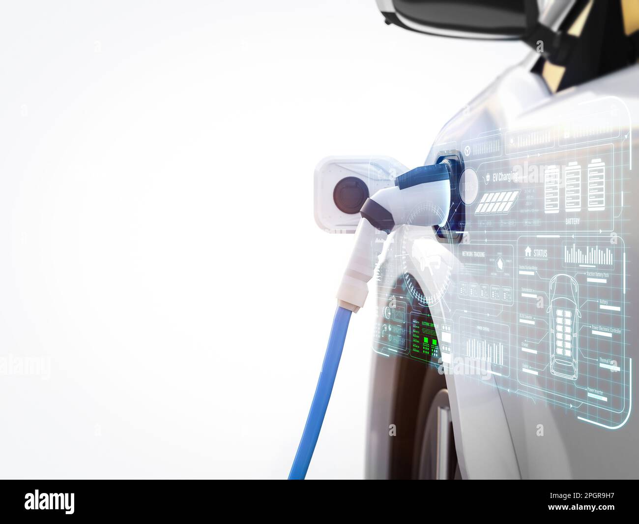 3d rendering ev car or electric vehicle plug in with recharging station ...