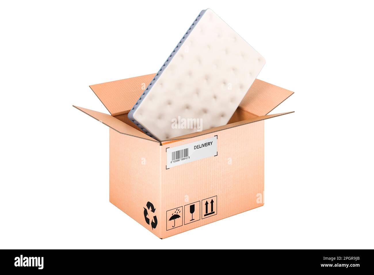 Mattress inside cardboard box, delivery concept. 3D rendering isolated ...