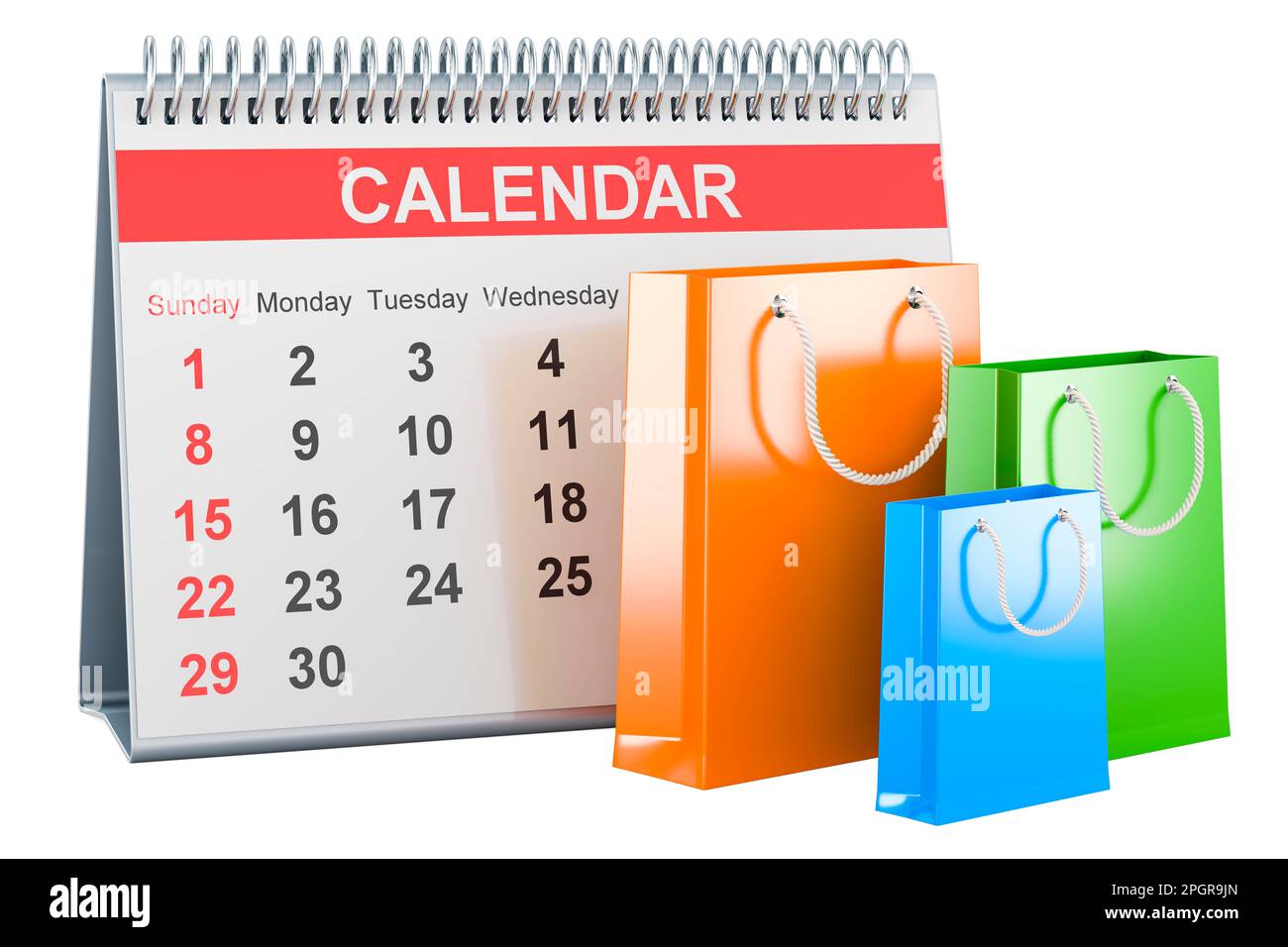 Shopping bags with desk calendar, 3D rendering isolated on white ...