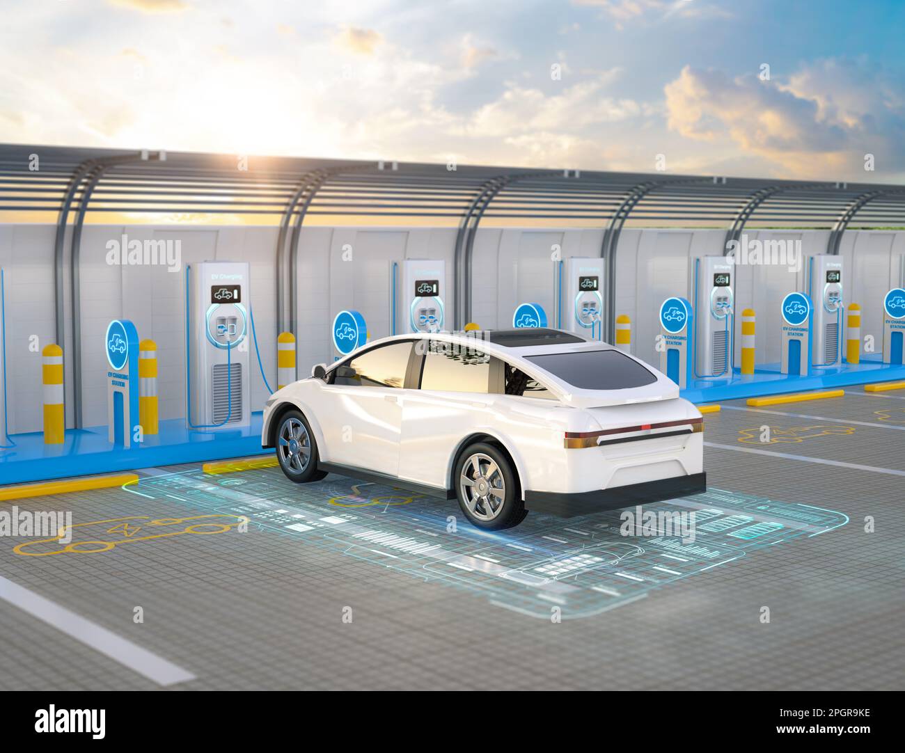 3d rendering ev car or electric vehicle plug in with recharging station ...