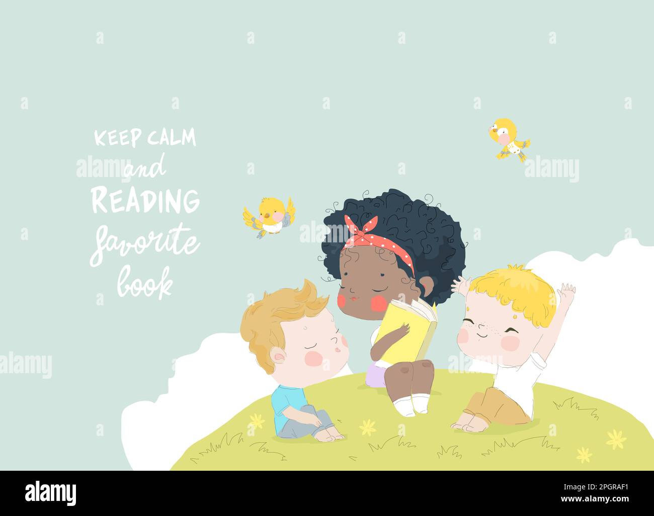 Happy Kids reading Book on the Meadow Stock Vector Image & Art - Alamy