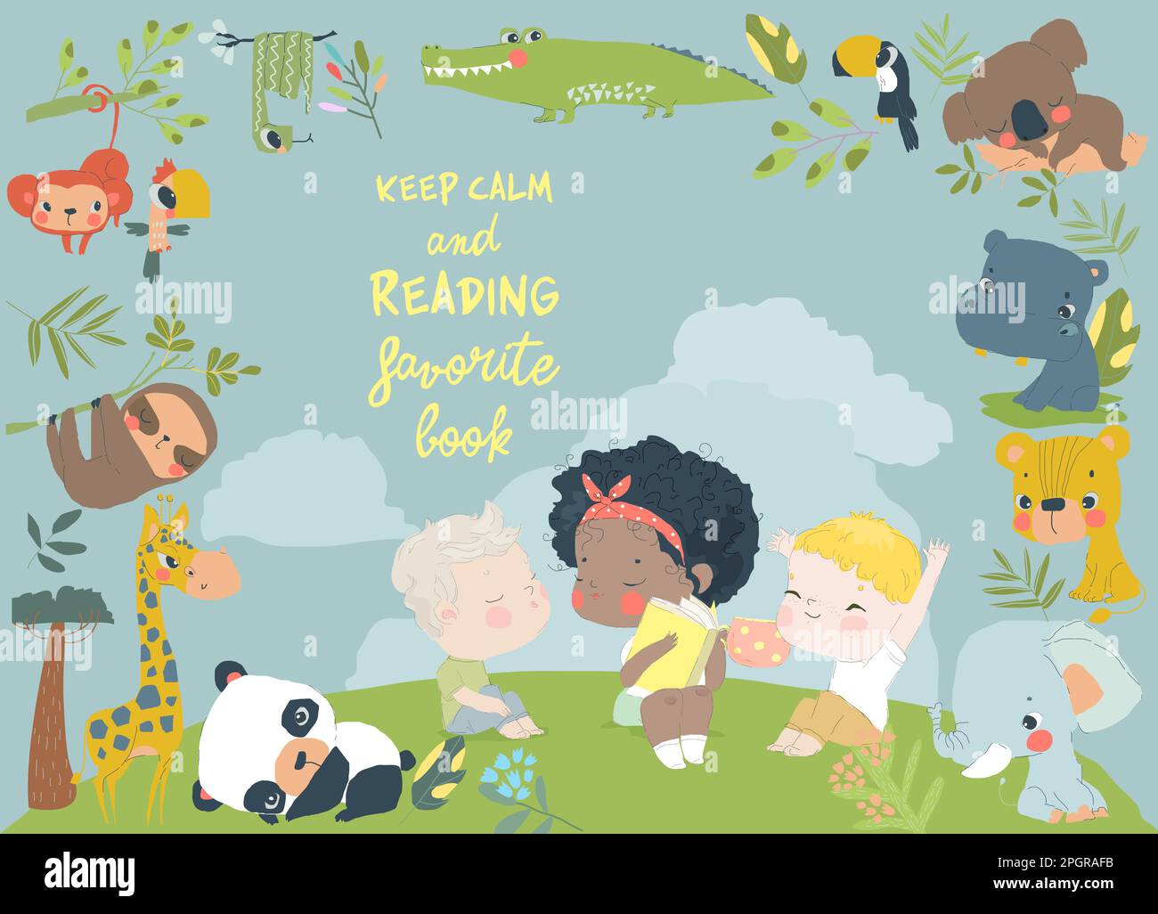 Happy Children reading Book with Cartoon Animal Stock Vector Image ...