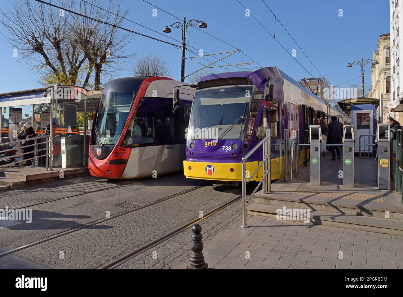 Turkish trams at Sultanahmet tram stop, Binbirdirek, Istanbul, Turkey ...