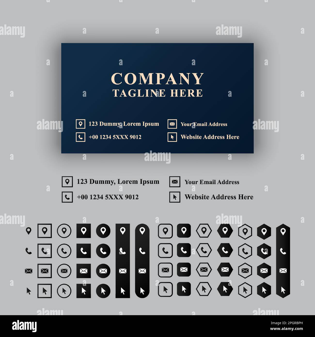 Business card design template, contact information icons set. Editable ...
