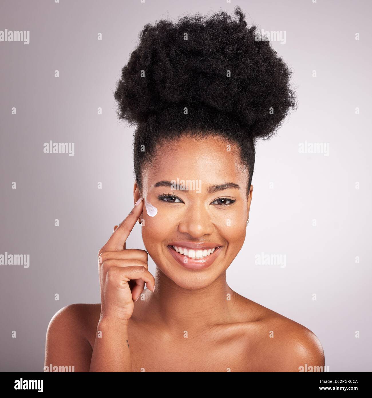 Black woman, face and moisturizer cream for skincare beauty or ...