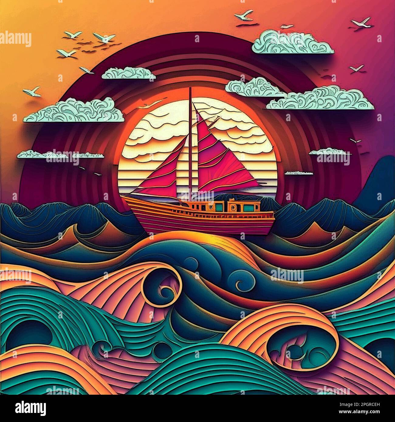A paper-cut illustration of a ship on the ocean Stock Photo - Alamy